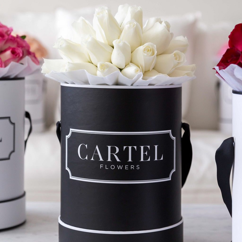 Premium Fresh White Roses In Personalised Black Box | Cartel Flowers