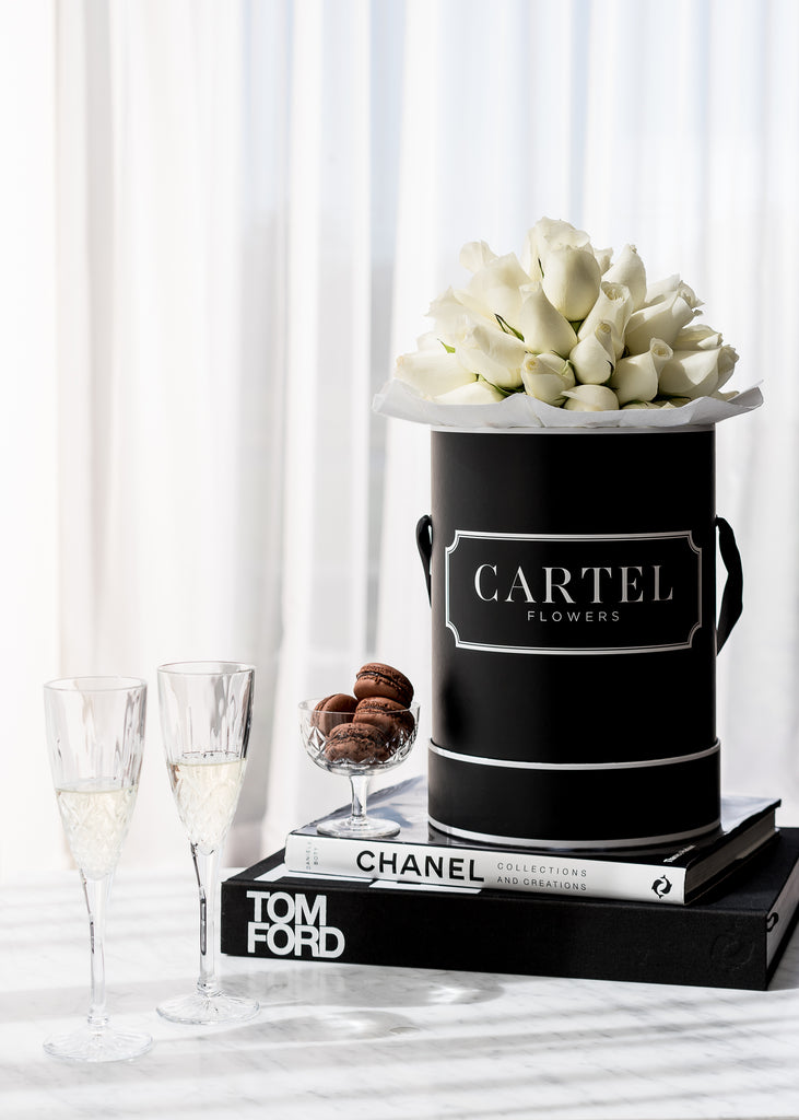 Premium Fresh White Roses In Personalised Black Box | Cartel Flowers